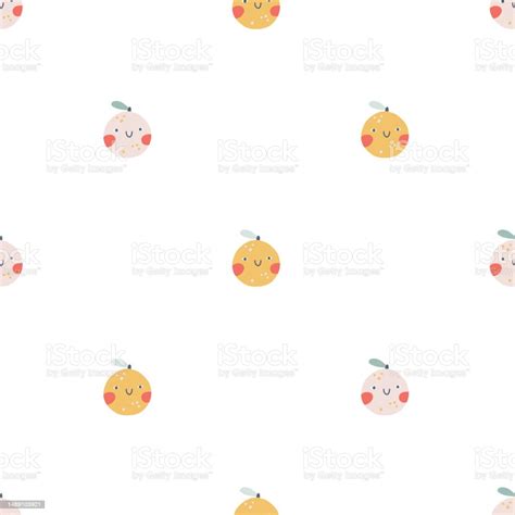 복숭아 핑크 오렌지 캐릭터 웃는 얼굴의 매끄러운 패턴 단순하고 순진한 스타일의 손으로 그린 만화 낙서 아이들을 위한 파스텔 팔레트의 벡터 삽화 흰색 바탕에 귀여운 과일 0