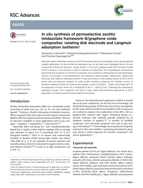 Pdf In Situ Synthesis Of Permselective Zeolitic Imidazolate Framework 8graphene Oxide
