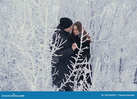 Любящая пара на прогулке зимы Любовная история снега волшебство зимы Человек и женщина на