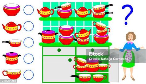 어린이를 위한 논리 연습 요리의 양을 계산하고 해당 원에 숫자를 써야 합니다 벡터 만화 이미지입니다 가정 주방에 대한 스톡 벡터 아트 및 기타 이미지 Istock