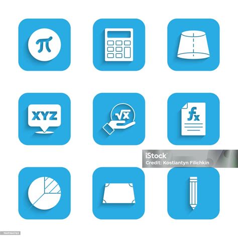 X 글리프의 제곱근 예리한 사다리꼴 모양 연필 함수 수학 기호 파이 차트 인포그래픽 Xyz 좌표계 기하학적 그림 및 아이콘을 설정합니다 벡터 3차원 형태에 대한 스톡 벡터