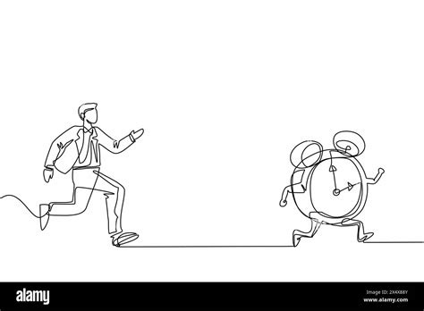 Continuous One Line Drawing Stressed Businessman Chasing Alarm Clock Male Manager Being Chased