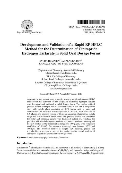 Pdf Development And Validation Of A Rapid Rp Hplc Method For The