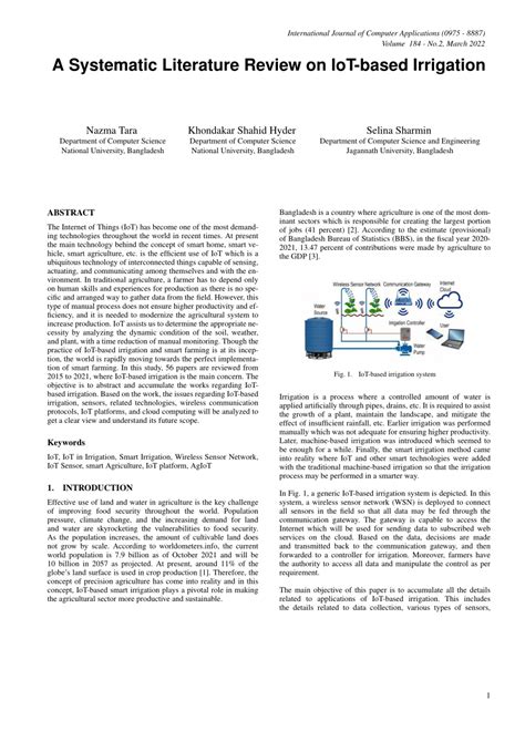 PDF A Systematic Literature Review On IoT Based Irrigation