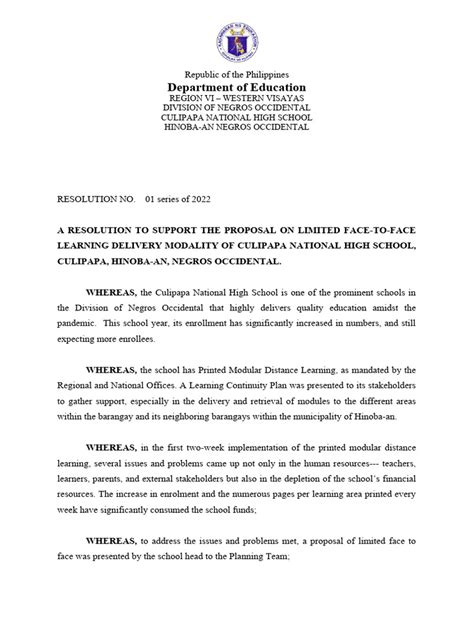 Resolution For The Face To Face Classes Pdf