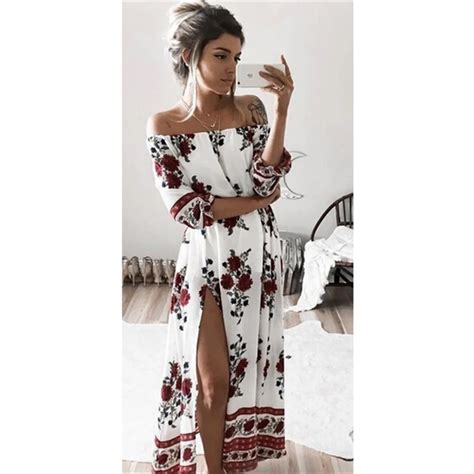 Women Sexy Off Shoulder Half Sleeve Floral Print Maxi Boho Long Dress