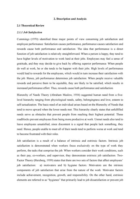 Ob Theoritical Review Description And Analysis 2 Theoretical Review 21 Job Satisfaction