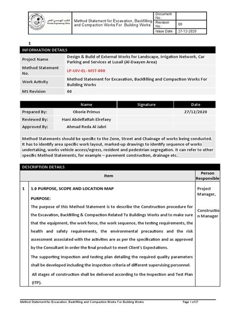 Method Statement For Excavation Backfilling And Compaction For Building Work Pdf Nature