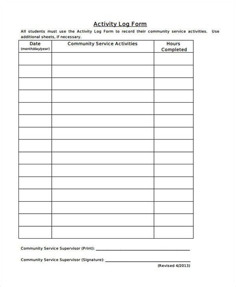 Free Activity Log Templates Printable Documents Activity Log Template