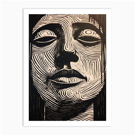 Serene Linocut Face 2 Art Print Linocut Art Lino Art Linocut