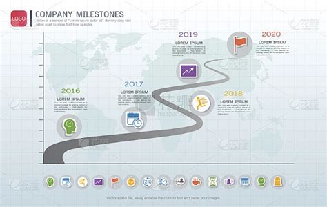 里程碑时间轴信息图设计，路线图或战略计划，以定义公司的价值，可以使用里程碑在项目管理中的时间表，以标素材 花瓣网