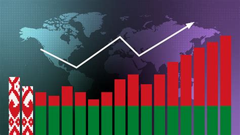 기복이 있는 벨로루시 막대 차트 그래프 가치 상승 경제 회복 및 비즈니스 개선의 개념 기업 재개 정치 갈등 깃발이 있는 전쟁