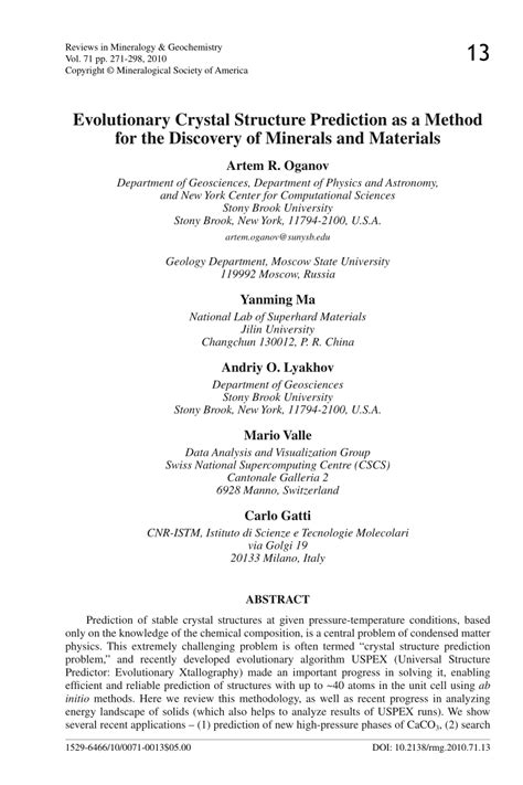 Pdf Evolutionary Crystal Structure Prediction As A Method For The Discovery Of Minerals And