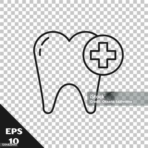 투명 한 배경에 격리 된 검은 선 치아 아이콘입니다 치과 클리닉 또는 치과 의료 센터 및 치약 패키지용 치아 기호 벡터 일러스트레이션 개념에 대한 스톡 벡터 아트 및 기타