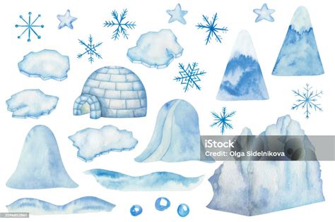 수채화 삽화 세트입니다 손으로 그린 이글루 하우스 빙원 빙산 블루 화이트 빙하 산 얼음 블록 아이스 하우스 떠 다니는 얼어 붙은 물 눈 눈송이 겨울 격리된 클립 아트