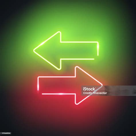 네온 녹색과 빨간색 화살표입니다 검은 색 배경에 왼쪽및 오른쪽 포인터 기호가 표시됩니다 화려하고 밝은 복고풍 빛 기호입니다 네온에 대한 스톡 벡터 아트 및 기타 이미지