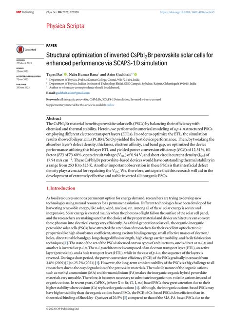 Structural Optimization Of Inverted Cspbi2br Perovskite Solar Cells For Enhanced Performance Via