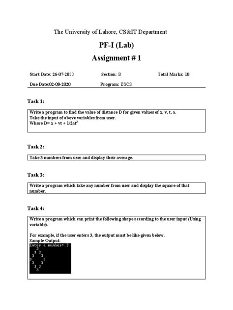 Pf I Lab Assignment 1 The University Of Lahore Csandit Department Pdf Teaching Methods