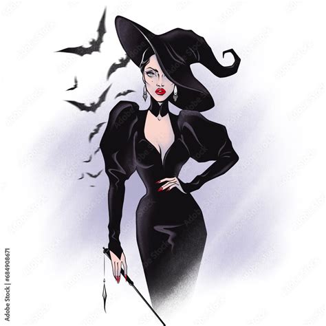 Hand Drawn Pin Up Girl Art In Burlesque Retro Style Halloween Witch