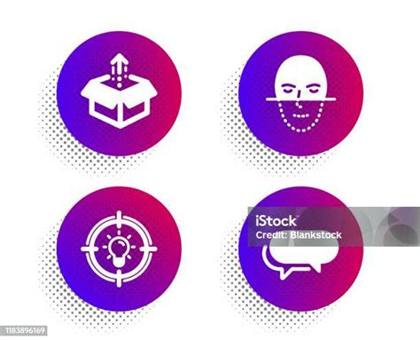 아이디어 얼굴 인식 및 상자 보내기 아이콘 세트 메신저 기호 솔루션 얼굴 생체 인식 배달 패키지 벡터 대화 풍선 문자 기호에 대한 스톡 벡터 아트 및 기타 이미지 Istock