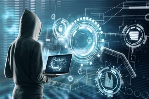 Premium Photo Side View Of Hacker Using Laptop With Glowing Business