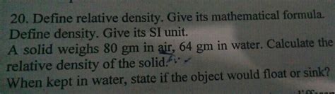 20 Define Relative Density Give Its Mathematical Formula Define
