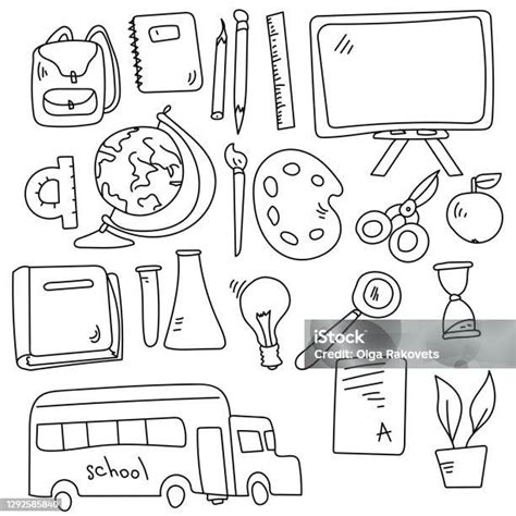 학교 낙서 세트 다양한 학교 및 교육 속성의 개요 학습주제에 색칠 페이지 신학기에 대한 스톡 벡터 아트 및 기타 이미지 신학기 컬러링 북 페이지 일러스트레이션 기법