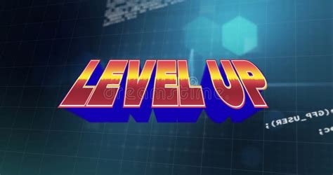 Level Up Text Over Hexagonal Shapes And Data Processing Against Blue