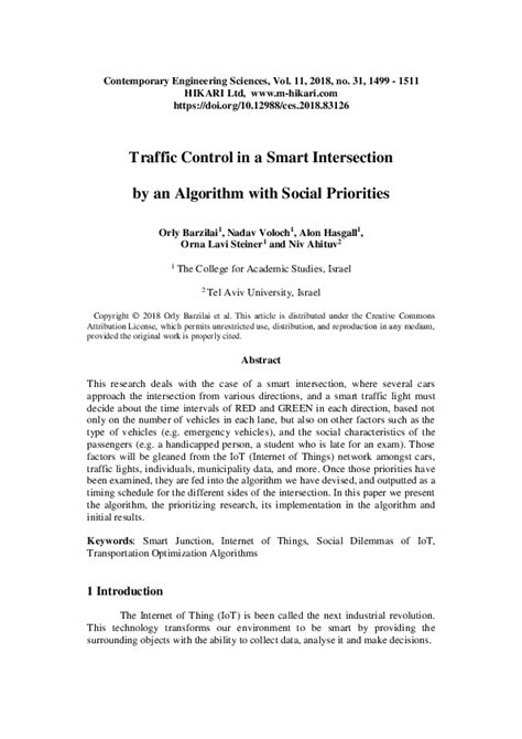 Pdf Traffic Control In A Smart Intersection By An Algorithm With