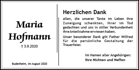Traueranzeigen Von Maria Hofmann Vrm Trauerde