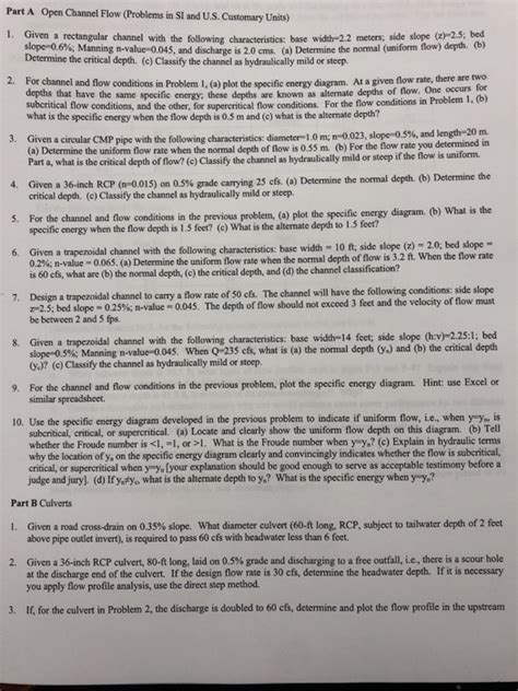 Solved Answer The Following Problems For Part A Open Channel Chegg