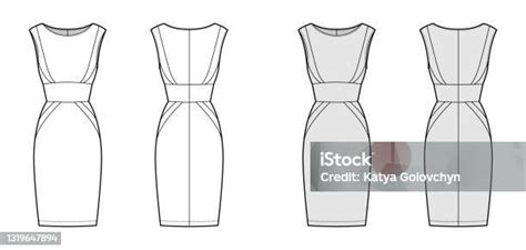 드레스 패널 튜브 기술 패션 일러스트와 모래 시계 실루엣 민소매 장착 된 몸 무릎 길이 스커트 0명에 대한 스톡 벡터 아트 및 기타 이미지 Istock