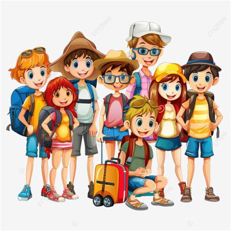 Feliz Grupo De Personajes De Dibujos Animados De Viajeros Adolescentes