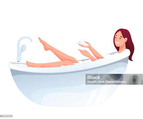 하얀 배경에 고립 된 욕실에서 목욕을하는 젊은 여성 욕조 실내 벡터 일러스트에 비누와 거품을 씻어 행복한 소녀 가구에 대한 스톡 벡터 아트 및 기타 이미지 Istock