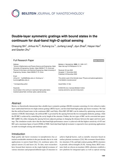 Pdf Double Layer Symmetric Gratings With Bound States In The Continuum For Dual Band High Q