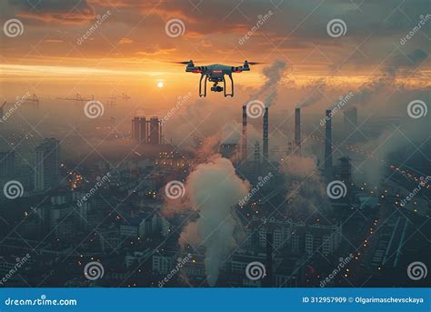 Drone Is Doing An Air Pollution Check Over A Large Industrial Area That Is Covered In Smoke