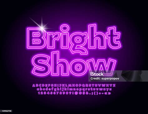 벡터 엔터테인먼트 전단지 브라이트 쇼 조명 알파벳 문자 숫자 및 기호 세트 Theatrical Performance에 대한 스톡