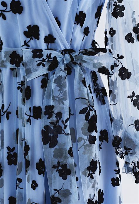 3d Posy Mesh Wrap Maxi Dress In Blue Retro Indie And Unique Fashion