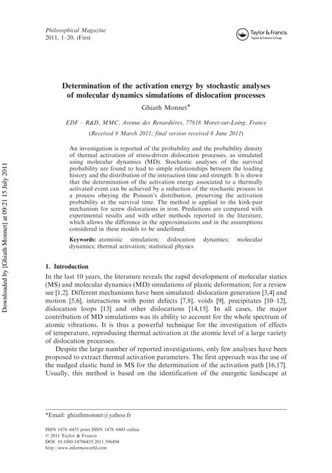 Pdf Determination Of The Activation Energy By Stochastic Analyses Of