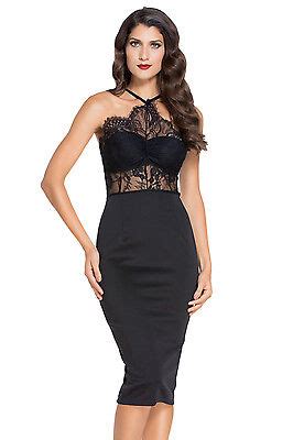 Hot Black Halter Lace Inserted Sheer Fitted Midi Dress Medium Ebay