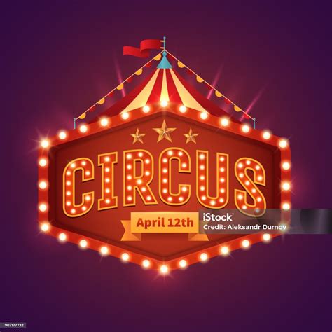 서커스 빛 기호입니다 밝은 전구 돔 텐트 빈티지 서커스 배너 하이라이트 금 별 리본 및 Garlands 재미 박람회 벡터 포스터입니다 텍스트와 밝은 복고풍 프레임 Eps