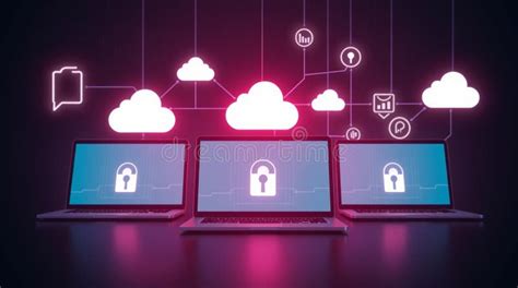 Secure Cloud Network Data Protection On Laptops Encrypted Data Transfer Shown Via Glowing