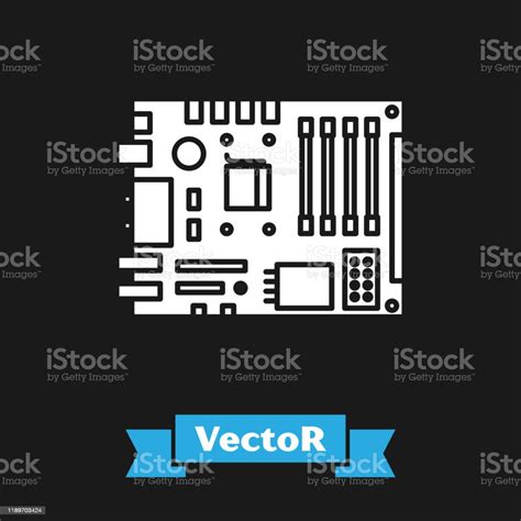 흰색 전자 컴퓨터 구성 요소 마더 보드 디지털 칩 통합 과학 아이콘 검은 배경에 격리 회로 기판 벡터 일러스트레이션 Cpu에