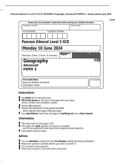 Pearson Edexcel A Level GCE GE Geography Advanced PAPER Mark Scheme June