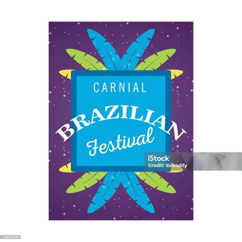 행복 한 브라질 카니발의 날입니다 파란색 사각형 화려한 깃털과 흰색 타이 포 그래피와 보라색 컬러 카니발 브로셔 공 스포츠 장비에 대한 스톡 벡터 아트 및 기타 이미지