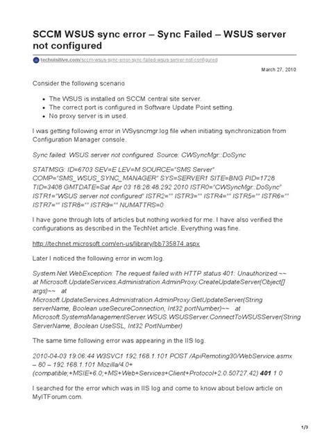 Sccm Wsus Sync Error Sync Failed Wsus Server Not Configured Pdf Internet Information