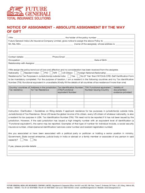 Fillable Online Life Futuregenerali Form For Conditional Assignment Of Fillable Online Life Futuregenerali Form For Conditional Assignment Of