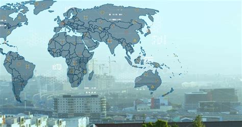 animating world map with data points over cityscape background stock video video of urban