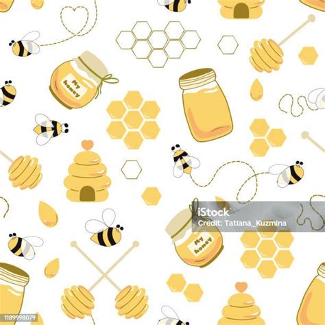 꿀벌 꿀 원활한 패턴 꿀 노란색 템플릿 양봉 배경 꿀 항아리 집 숟가락 플라이 꿀벌 벌에 대한 스톡 벡터 아트 및 기타 이미지 벌 건강한 생활방식 곤충 Istock