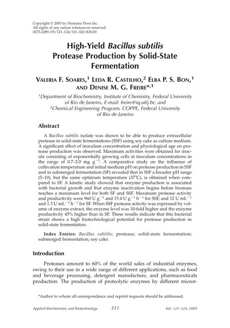 Pdf High Yield Bacillus Subtilis Protease Production By Solid State Fermentation